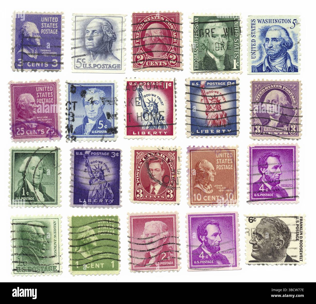Stamped stamps from the U.S. with presidents and the Statue of Liberty ...
