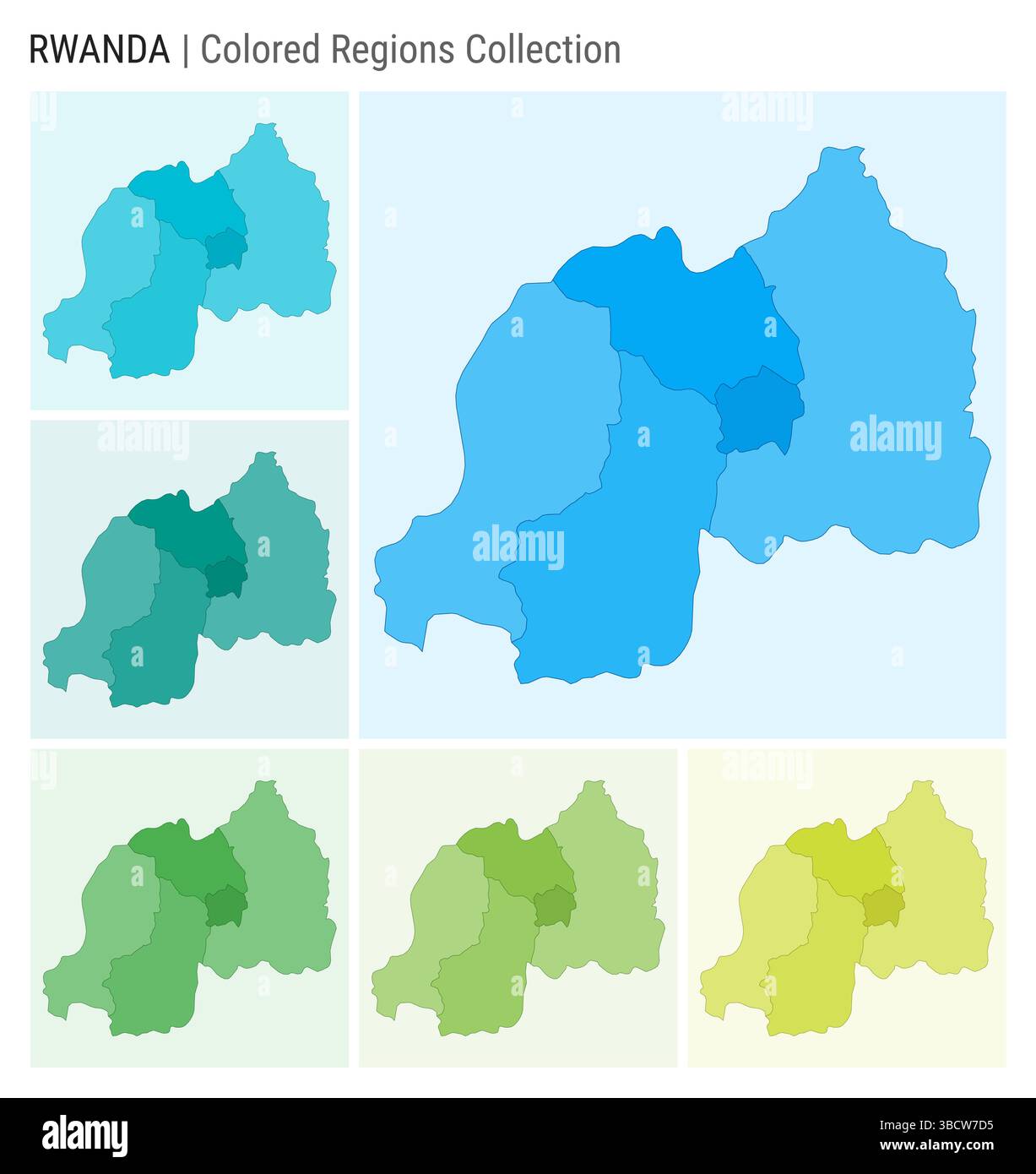 Rwanda map collection. Country shape with colored regions. Light Blue ...