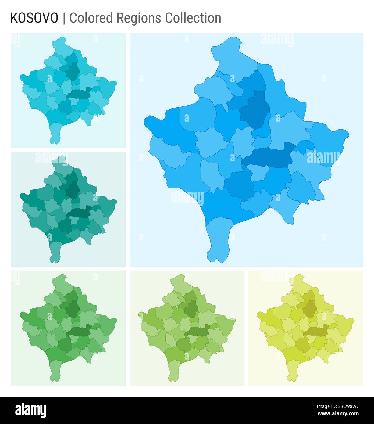 Kosovo map collection. Country shape with colored regions. Light blue ...