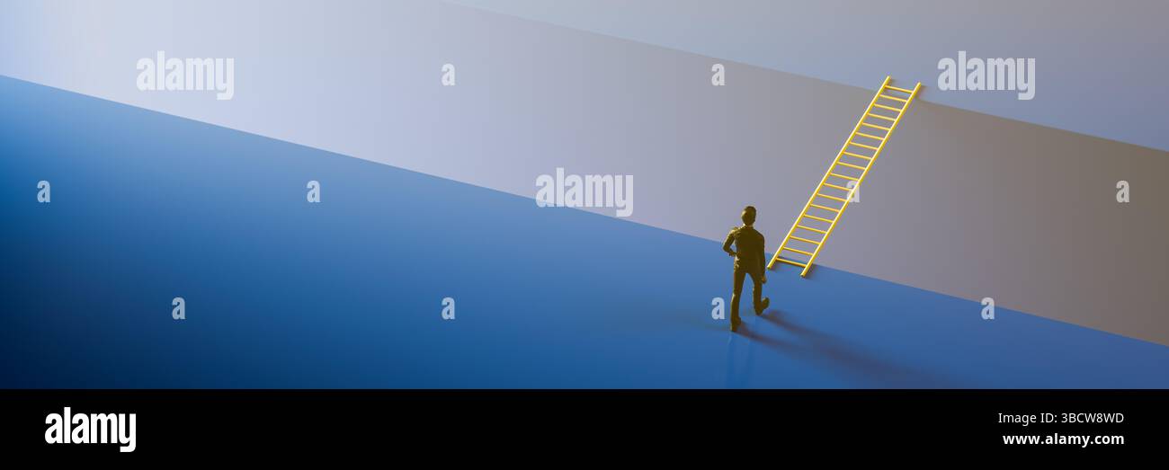 A man walking to a gap in the floor bridged by a ladder. Concept for ...