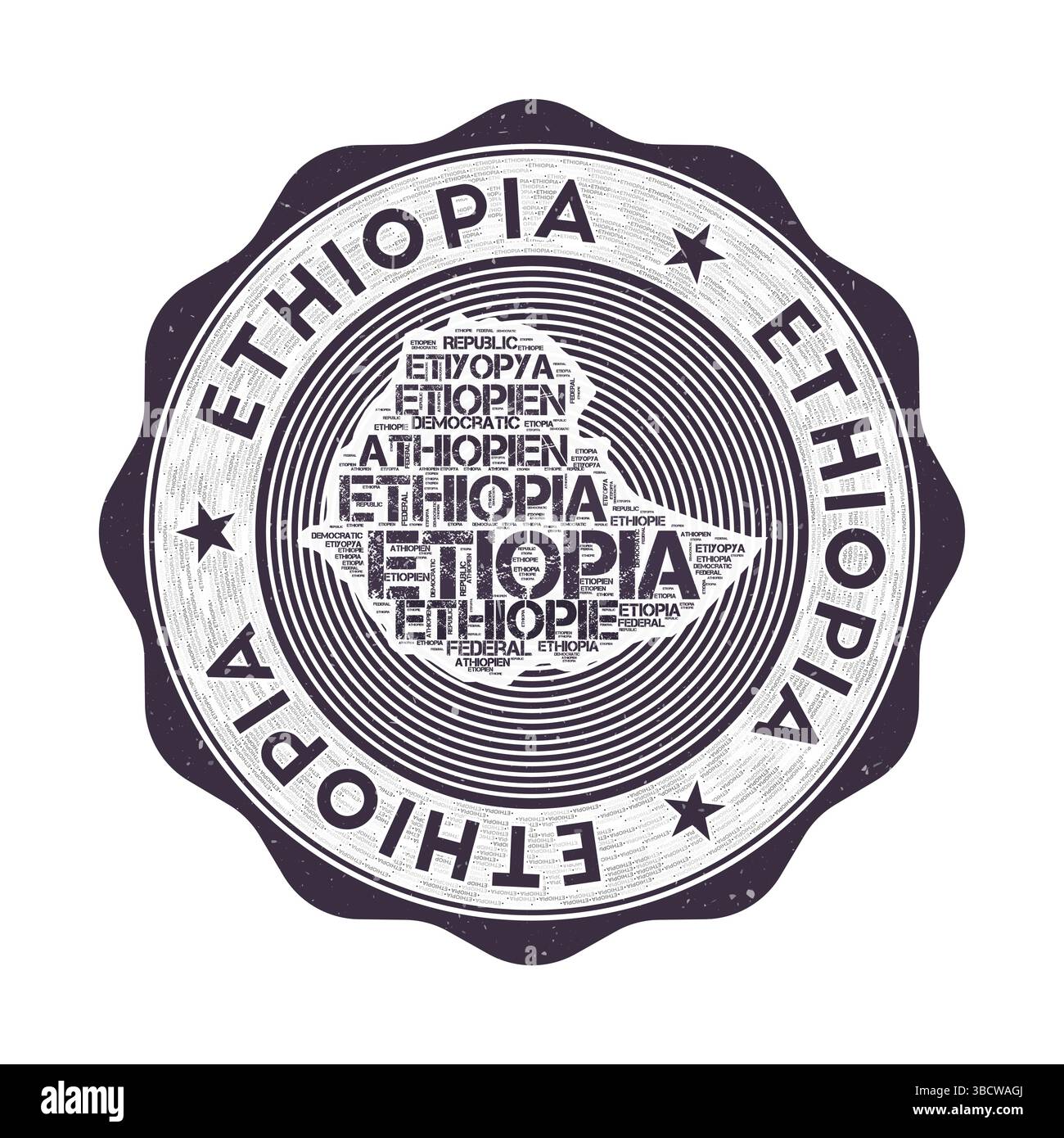 Ethiopia seal. Country round logo with the shape of Ethiopia and the ...
