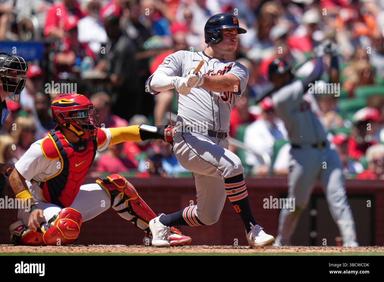 Detroit Tigers' Kerry Carpenter breaks his bat grounding out during the ...