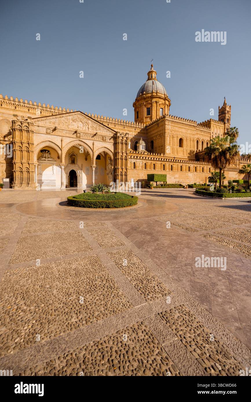 The grand entrance of Palermo Cathedral framed by Moorish arches and ...