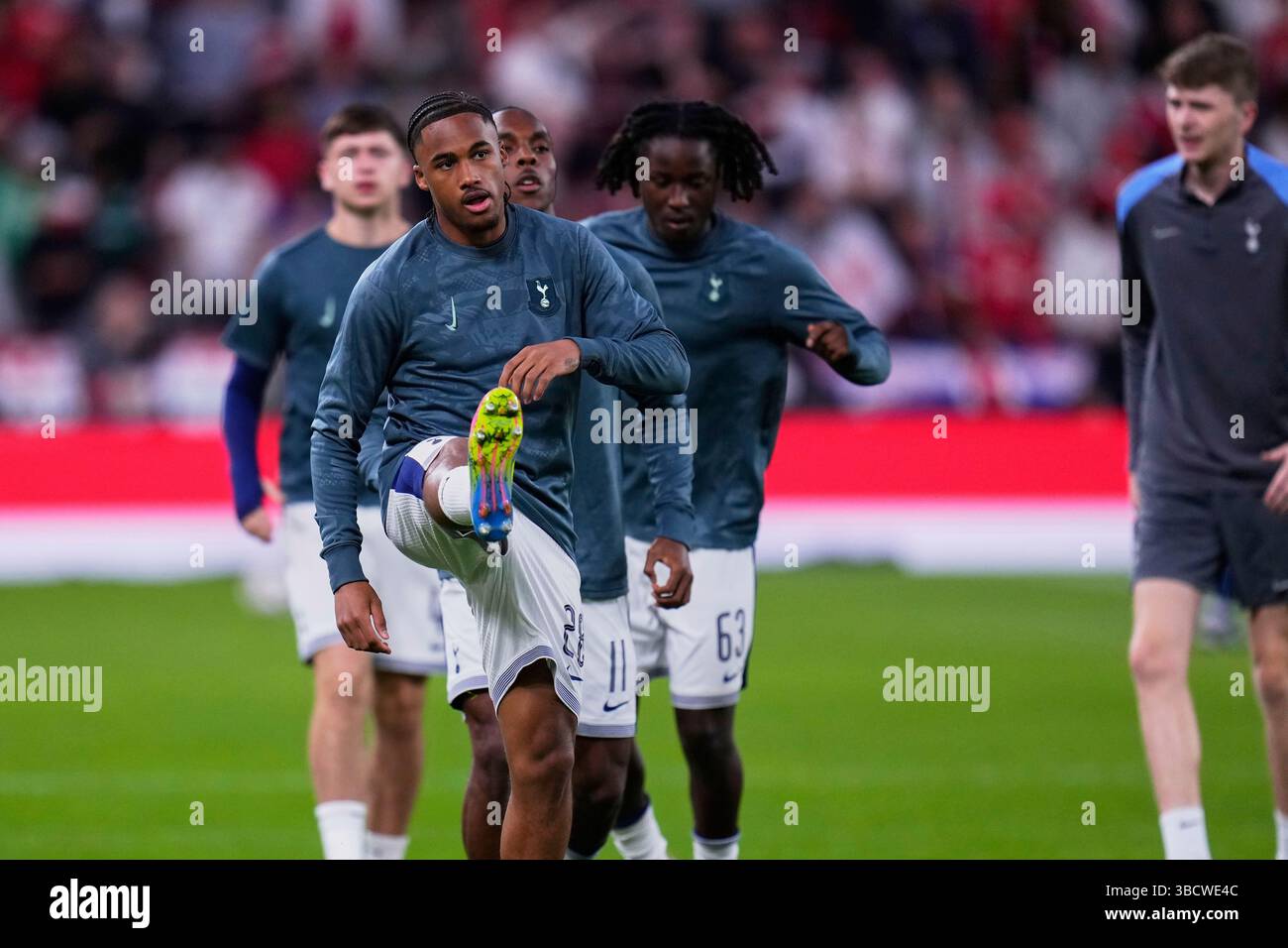 Tottenham's Wilson Odobert warms up ahead of the Europa League final ...