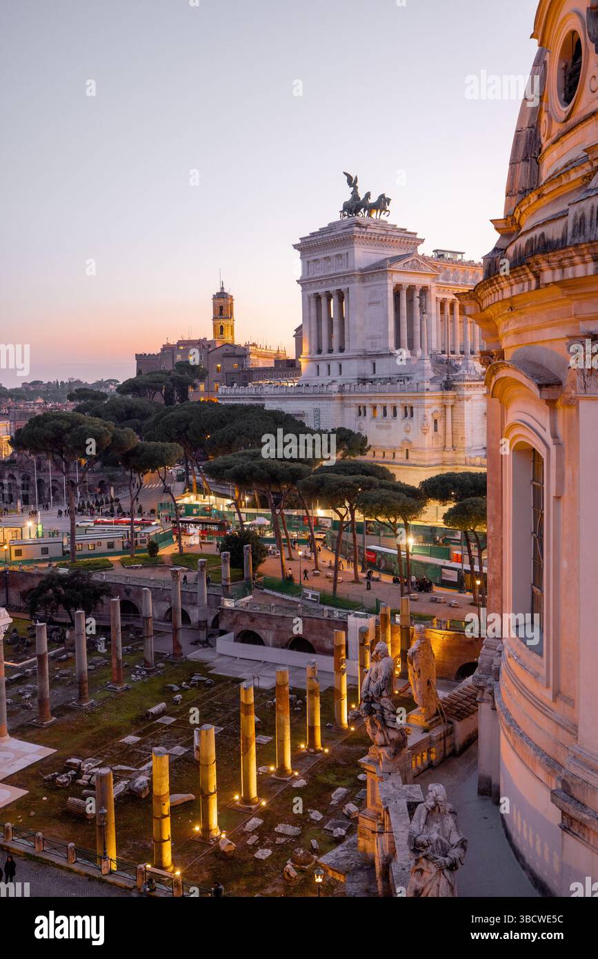 Scenic view of a historic dome and ancient Roman ruins glowing in the ...
