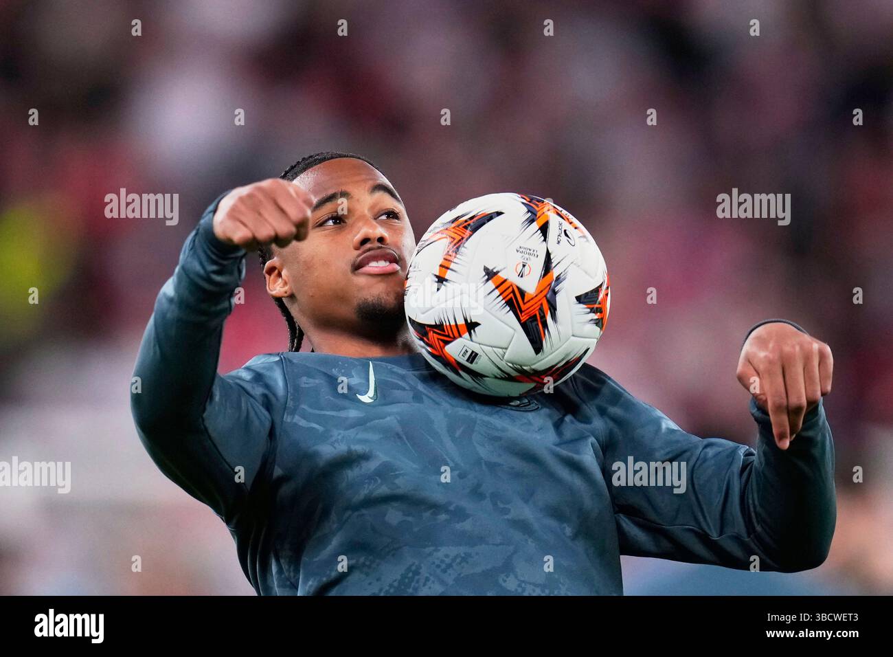 Tottenham's Wilson Odobert warms up ahead of the Europa League final ...