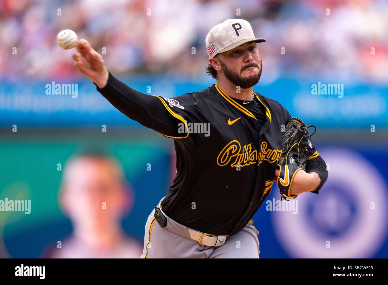 Pittsburgh Pirates starting pitcher Paul Skenes in action during a ...