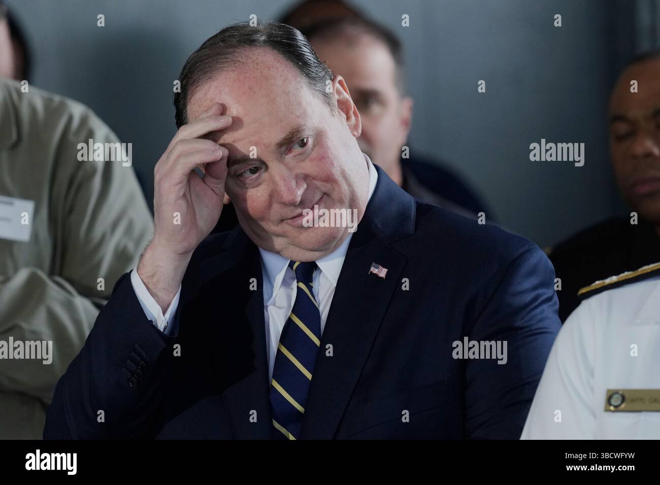 US Secretary of the Navy John Phelan acknowledges his introduction during Fleet Week ceremonies ...