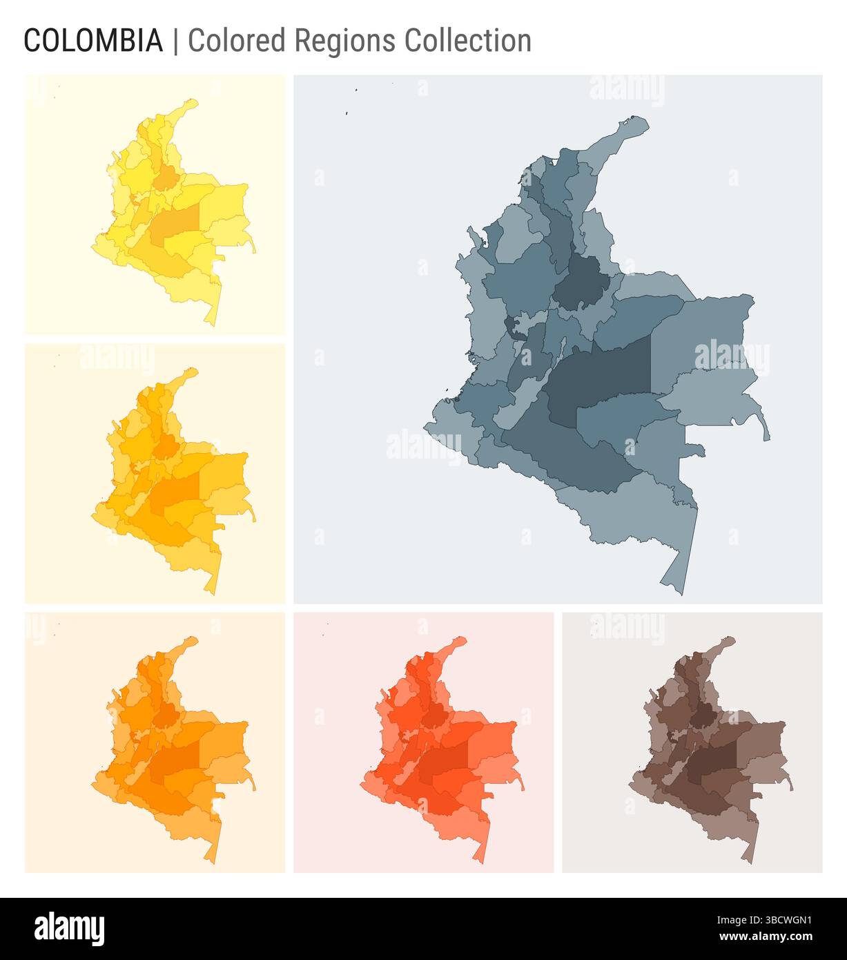 Colombia map collection. Country shape with colored regions. Blue Grey ...