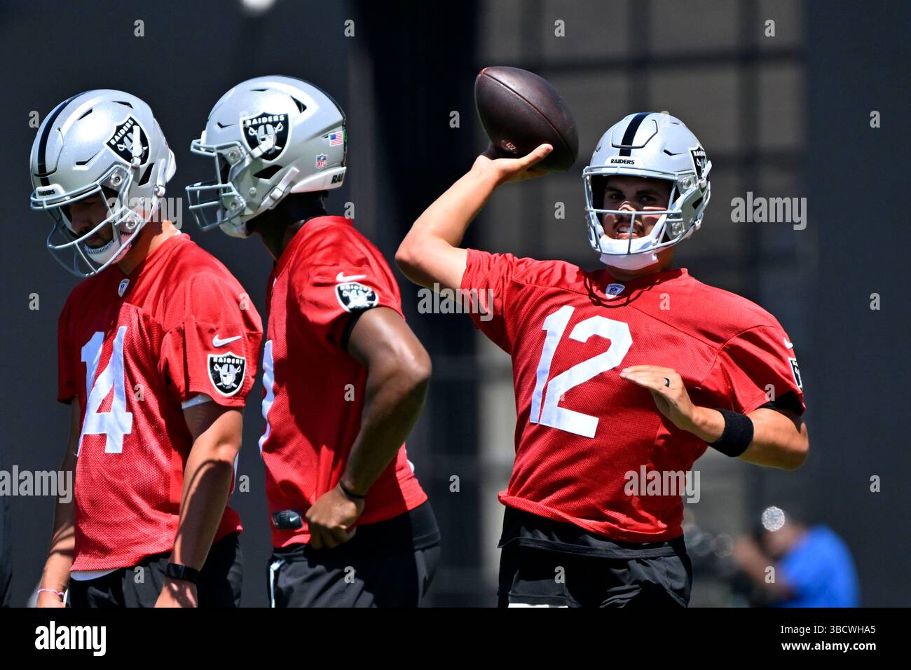 Las Vegas Raiders quarterback Aidan O'Connell (12) looks to throw the ...