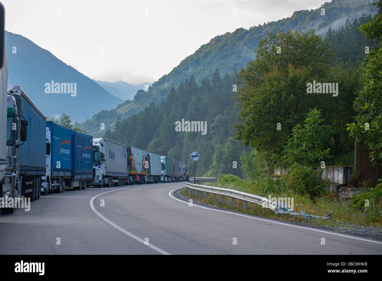 a long line of trucks stands on the road near the border of Georgia ...