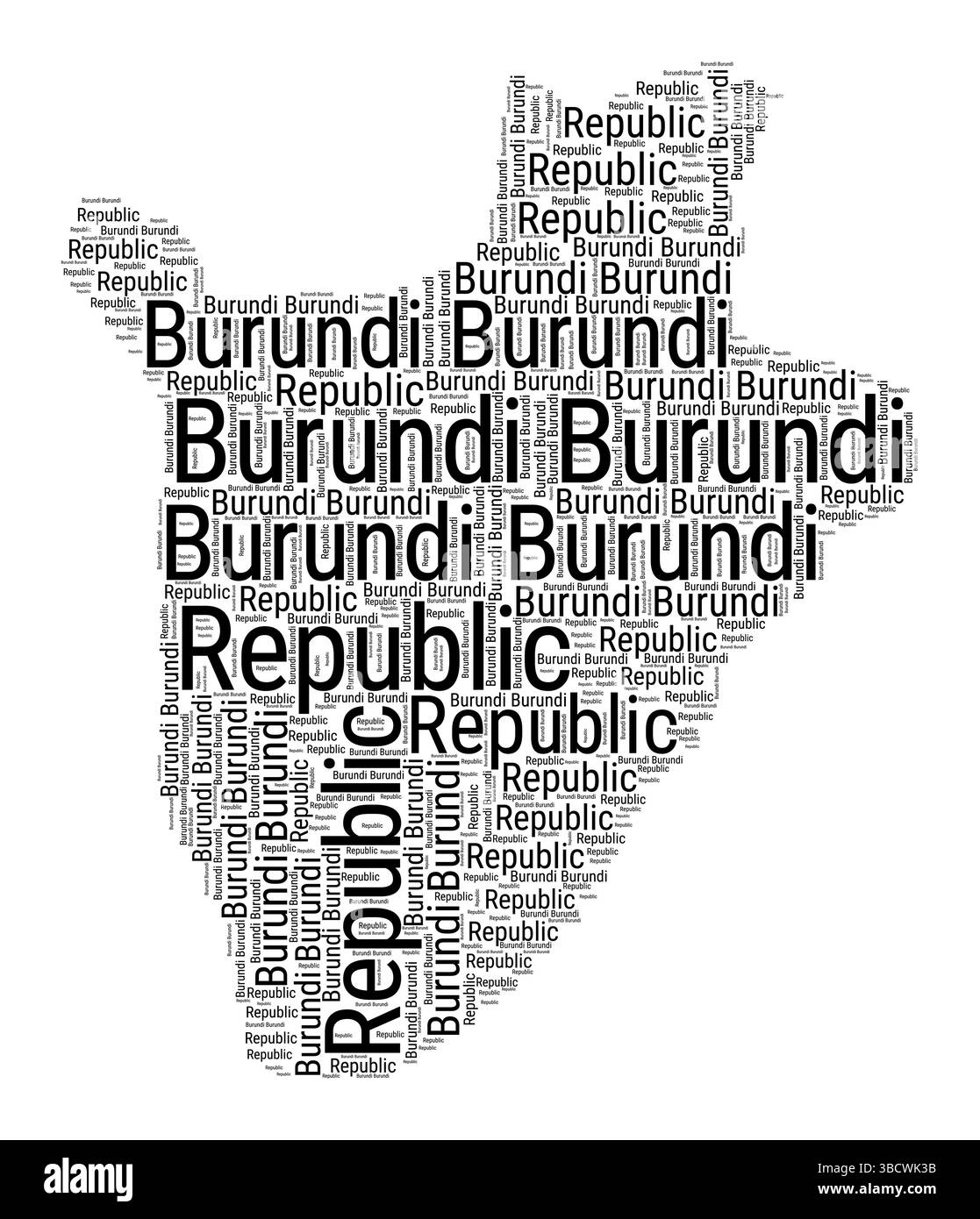 Black and white word cloud in Burundi shape. Simple typography style ...