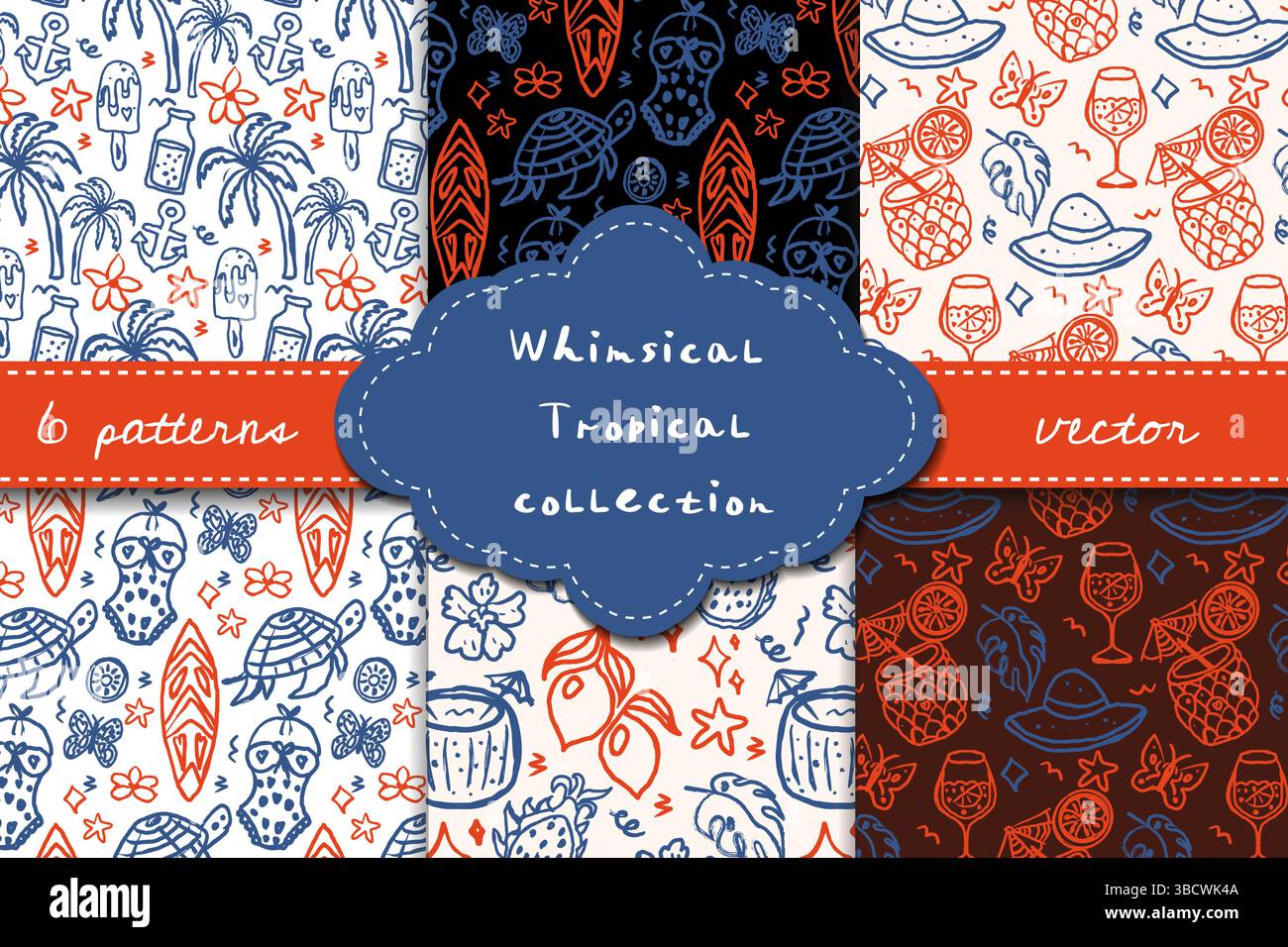 Whimsical Tropical Collection. Hand-drawn line art chalk and charcoal ...