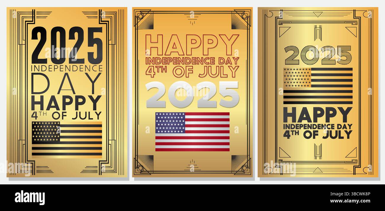 Set of Art deco 4th of July, Independence Day 2025 poster with gold frames, decorative lines ...