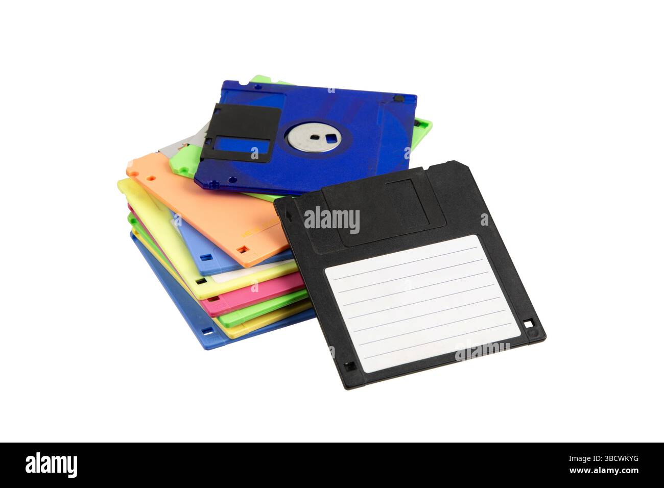 Stack of colorful floppy disks with one labeled black disk in front ...