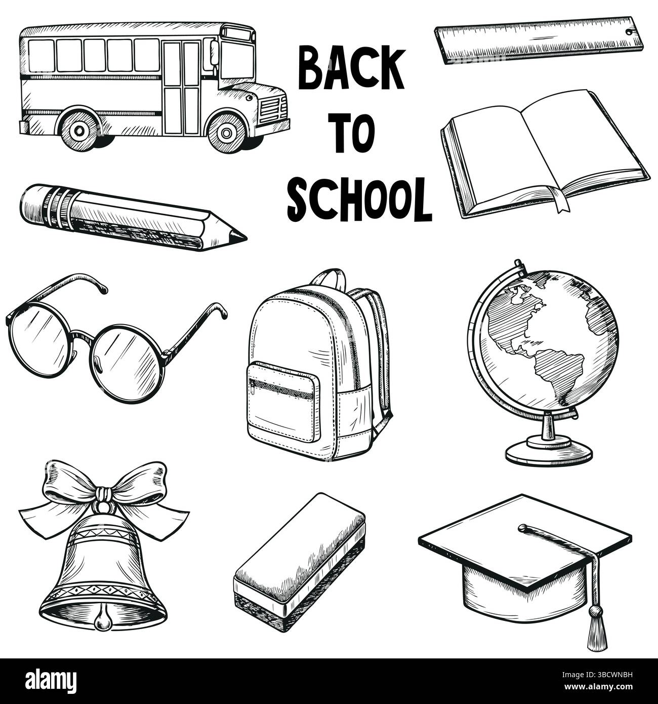Set of vintage school elements with text Back to school in sketch style ...