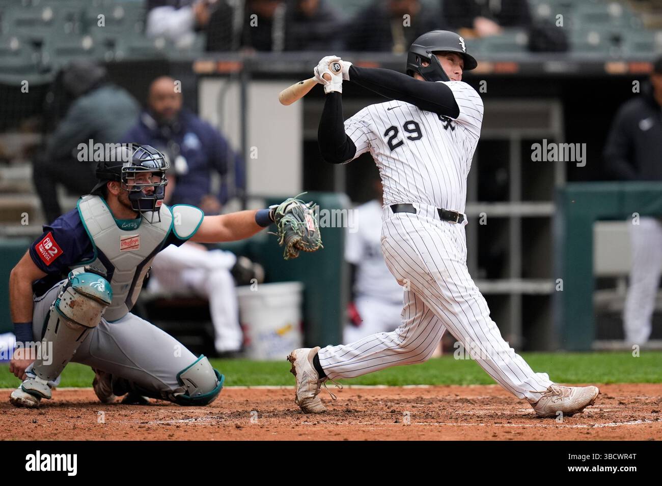 Chicago White Sox's Matt Thaiss (29) hits a single during the fourth ...