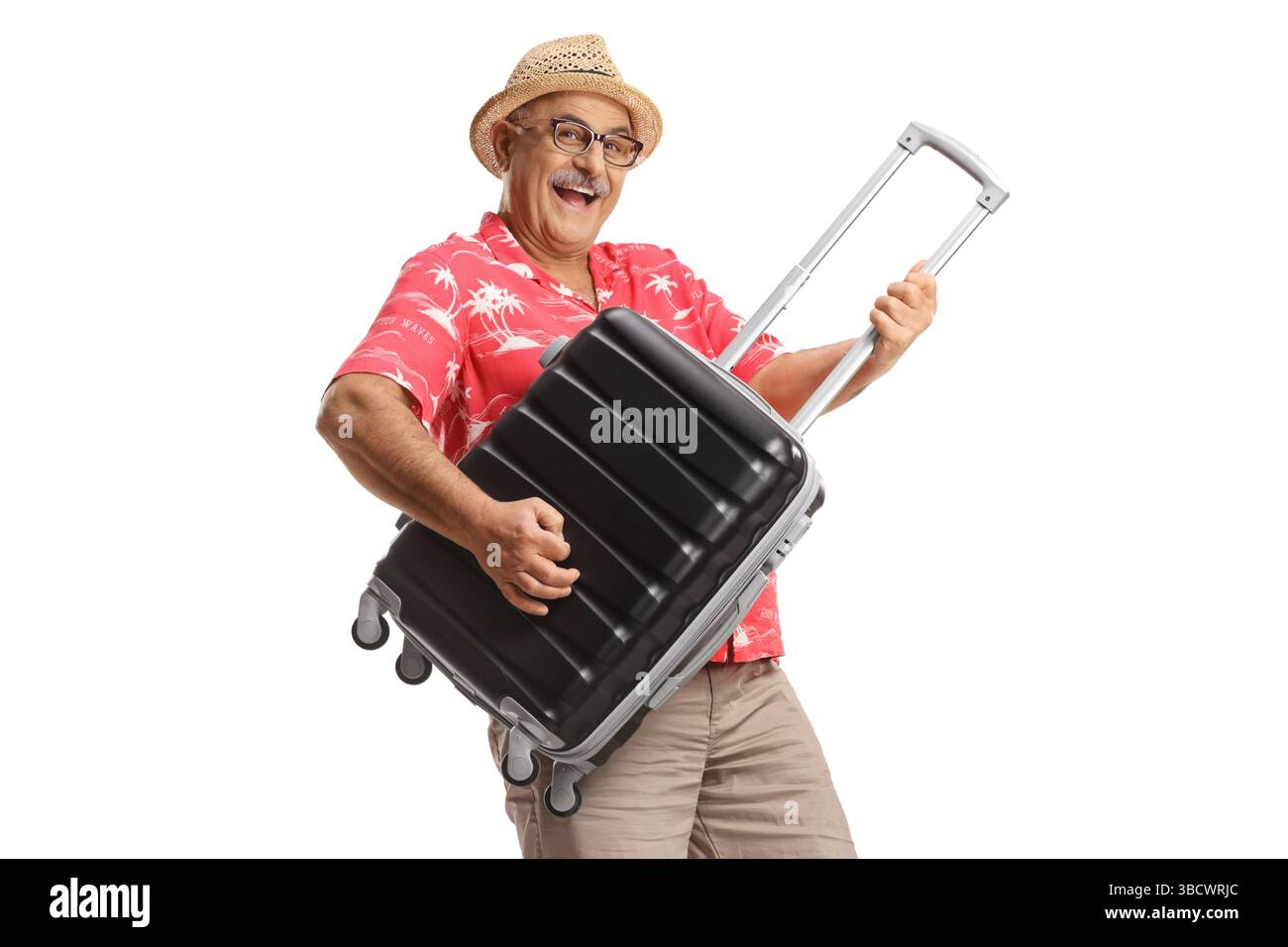 Happy mature man playing a guitar with a suitcase isolated on white ...