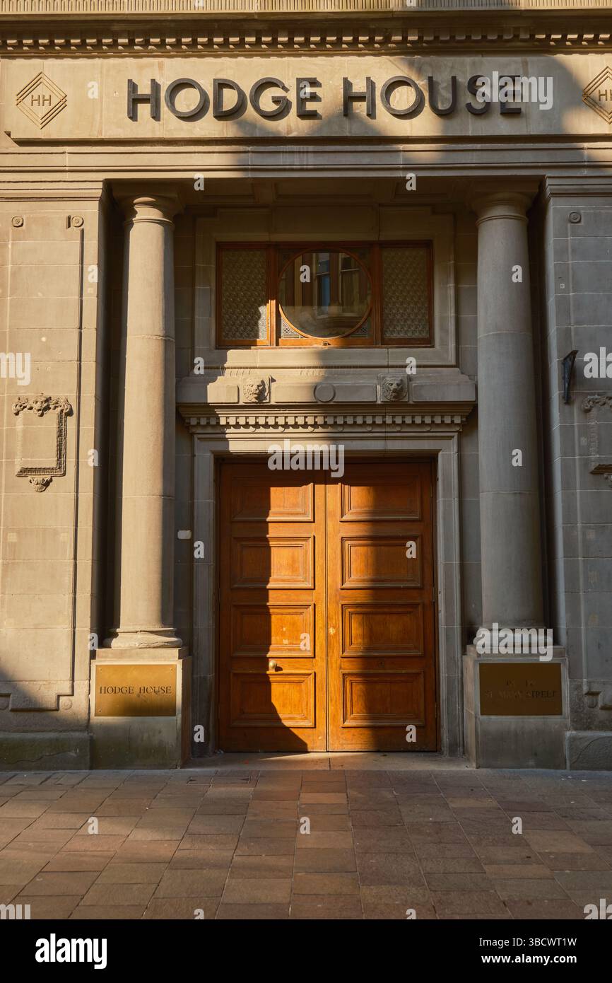 The grand entrance of Hodge House in Cardiff, with classical stone ...