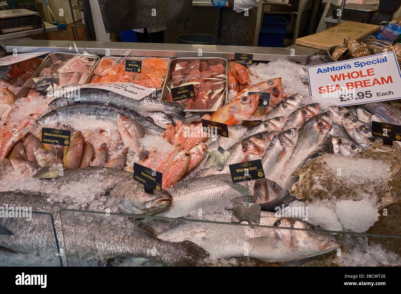 Fresh fish and seafood on display at Ashton’s fish stall in Cardiff ...