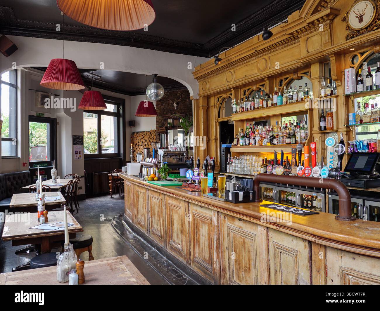 The Stag wooden pub bar interior, Hampstead, London, UK Stock Photo - Alamy