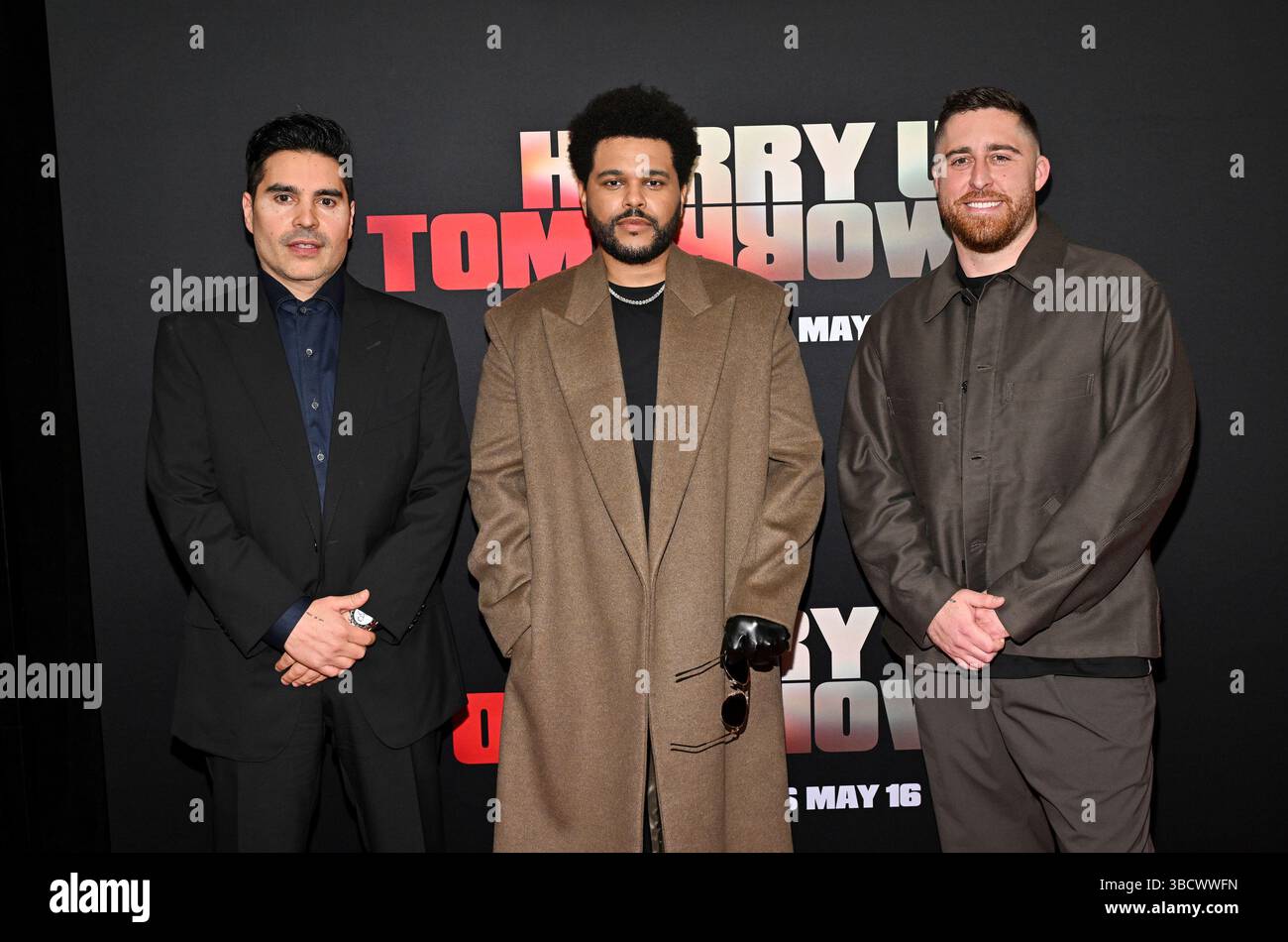 Reza Fahim, left, Abel Tesfaye and Trey Edward Shults attend the ...