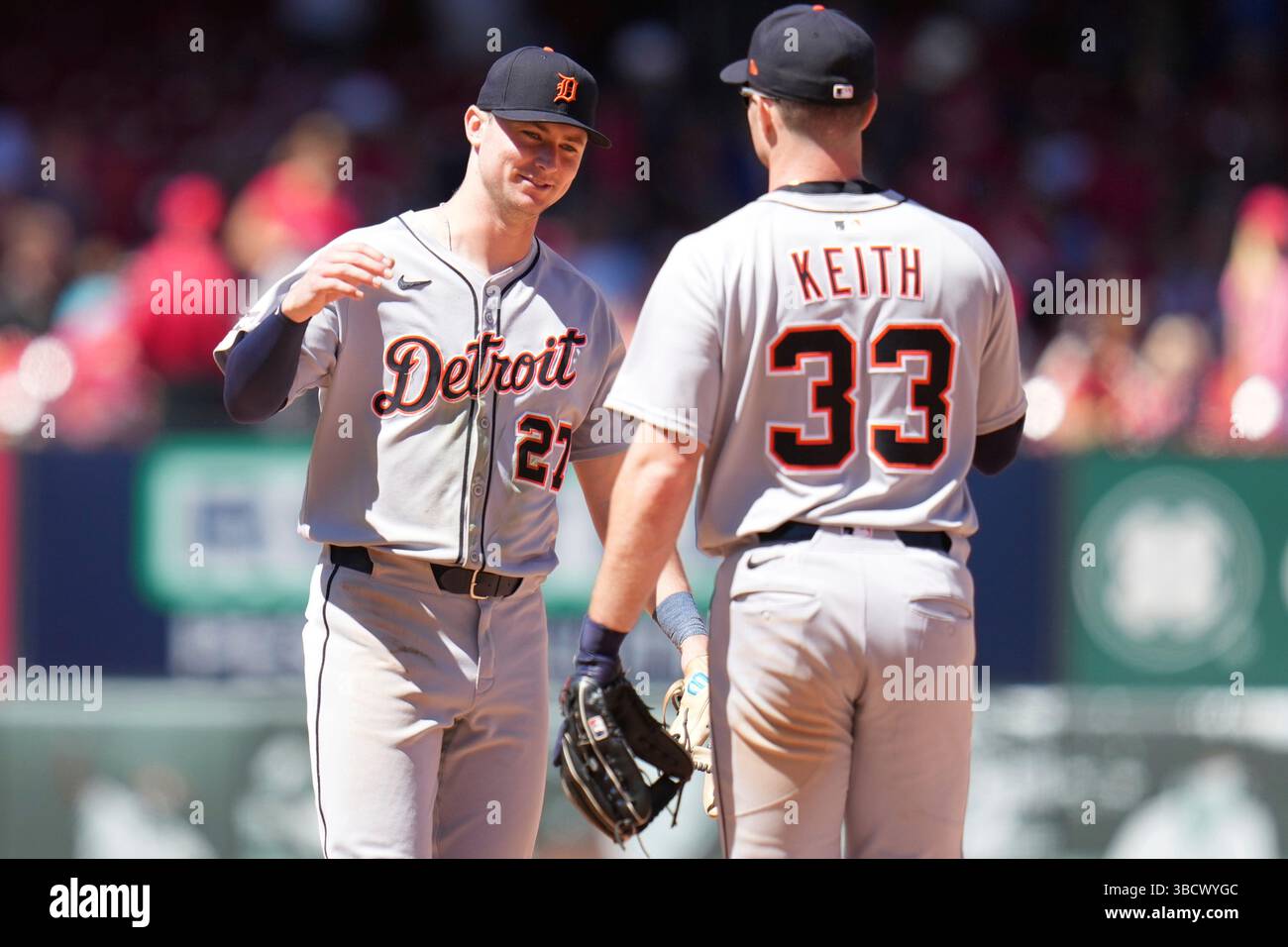 Detroit Tigers' Trey Sweeney (27) and Colt Keith (33) celebrate a ...