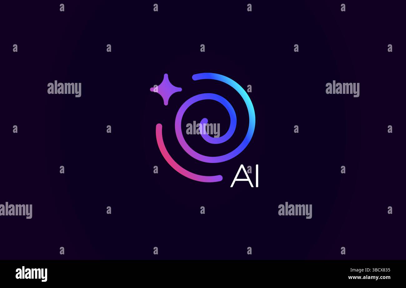 AI logo with glowing spiral and glare star element, abstract gradient ...