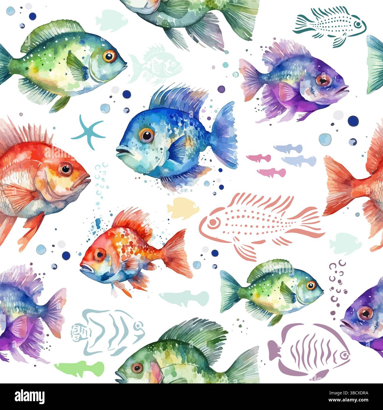 Seamless fish background in watercolor. hand drawn. Not AI, Vector ...
