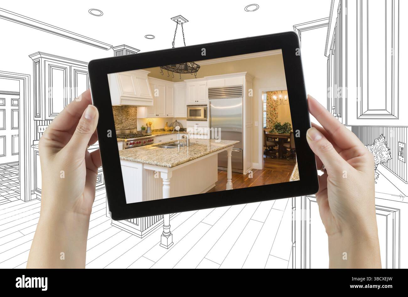 Female hands holding computer tablet with kitchen on screen & drawing ...