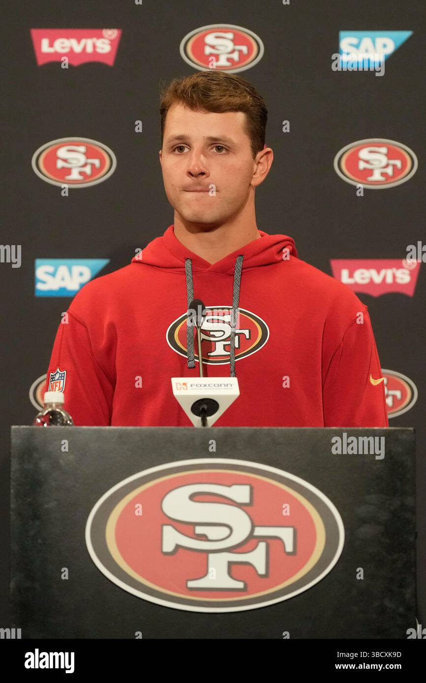 San Francisco 49ers quarterback Brock Purdy speaks during a news ...