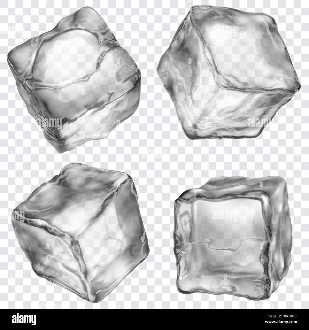 Set of four realistic translucent ice cubes in gray colors, isolated on a transparent background ...