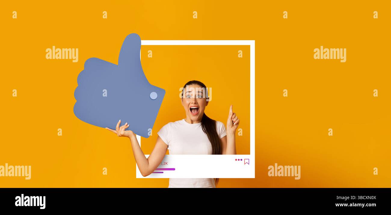 Excited influencer shares positive vibes with thumbs up gesture online ...