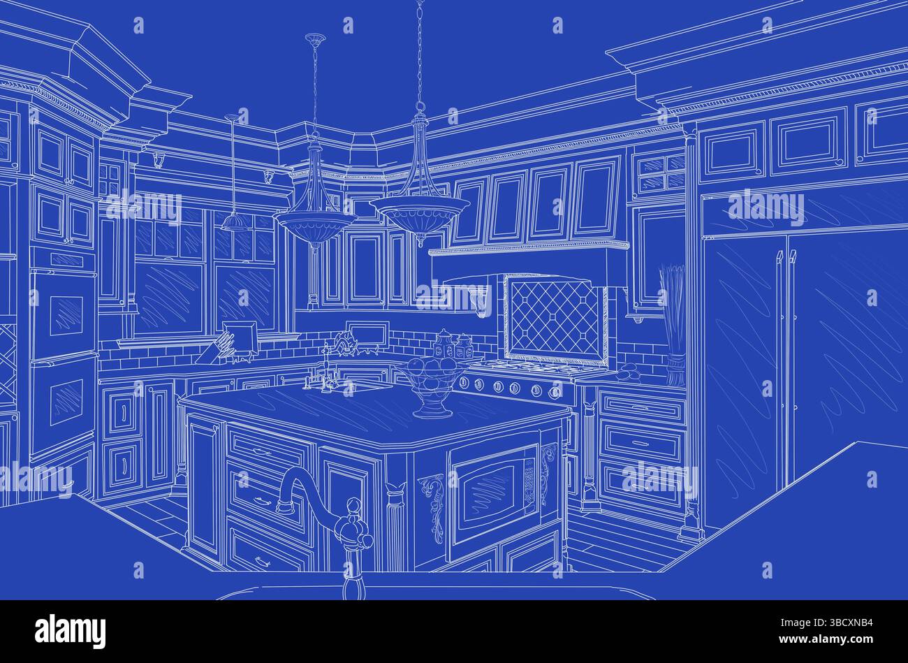 Beautiful custom kitchen blueprint design drawing Stock Photo - Alamy