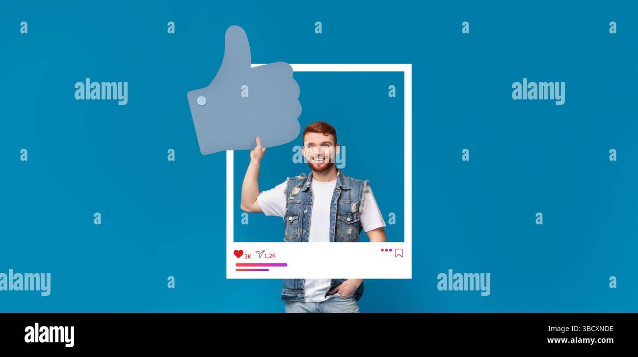 Engaging influencer gives thumbs up in lively social media backdrop ...