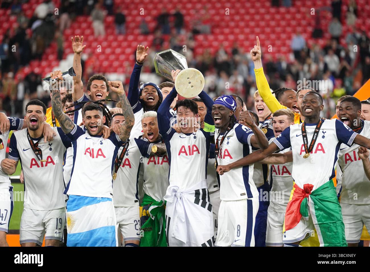 Tottenham Hotspur's Son Heung-Min lifts the UEFA Europa League trophy following the UEFA Europa ...