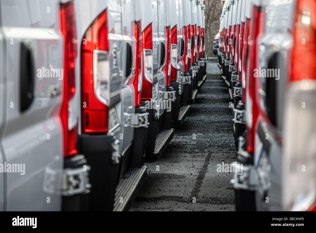 A view between two long rows of new light commercial vehicles. A ...