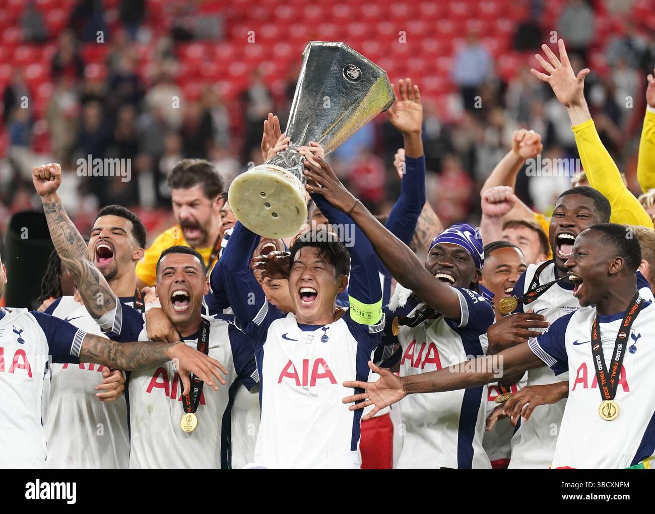 Tottenham Hotspur's Son Heung-Min lifts the UEFA Europa League trophy ...