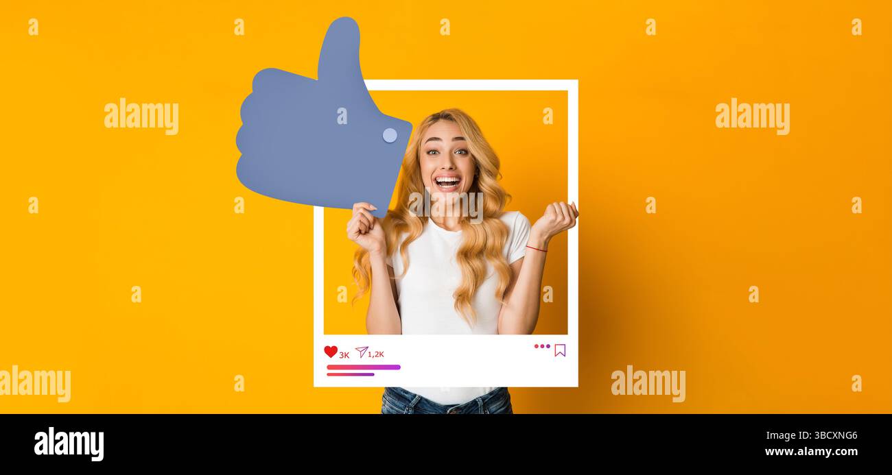 Influencer celebrates engagement with thumbs up in vibrant background ...