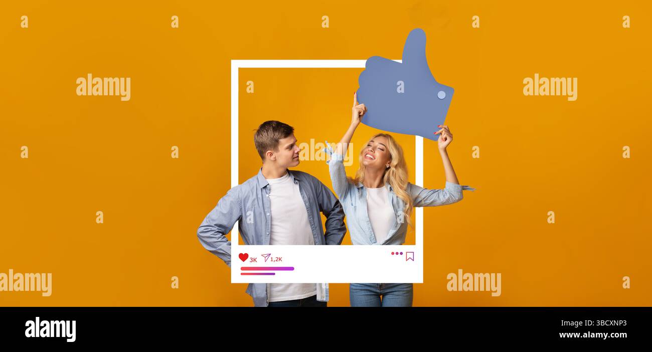 Influencer duo celebrating social media success with a thumbs up ...