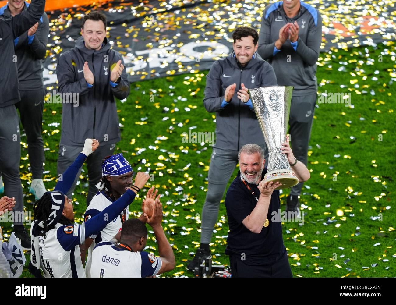 Tottenham Hotspur manager Ange Postecoglou lifts the Europa League ...