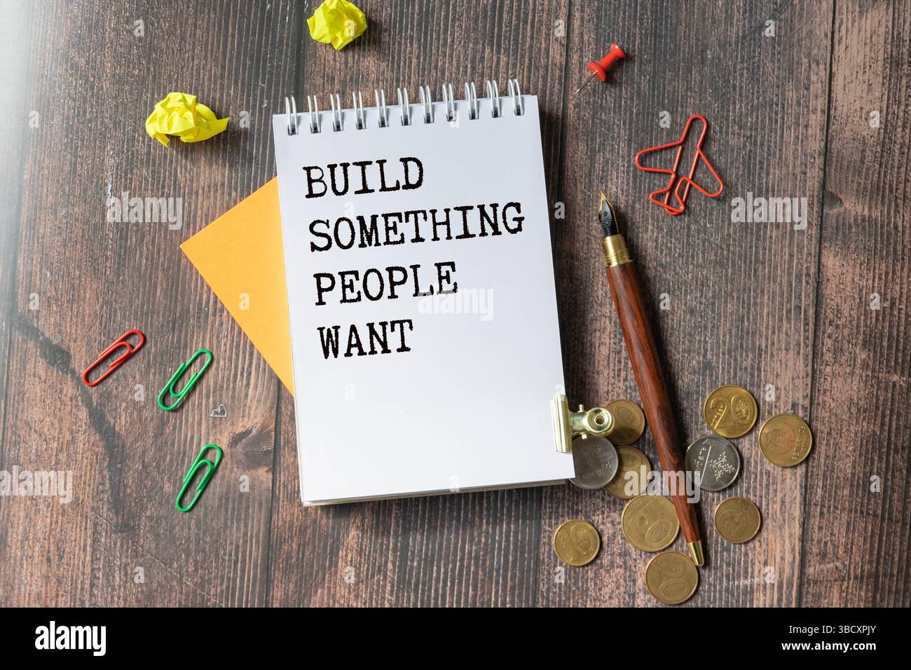 Build something people want. text on white notepad on craft background ...