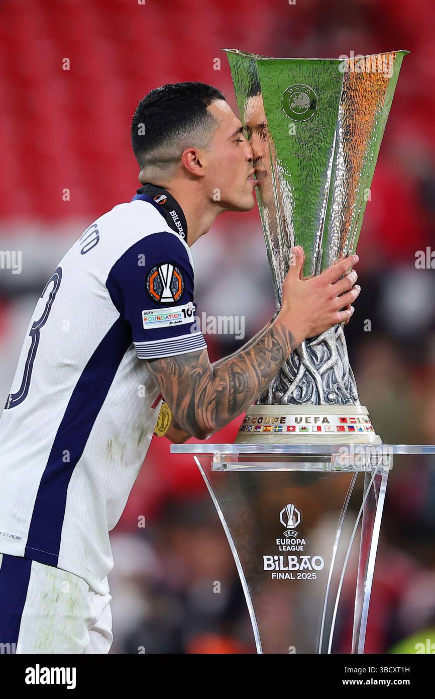 Bilbao, Spain. 21st May, 2025. Pedro Porro of Tottenham Hotspur kisses ...