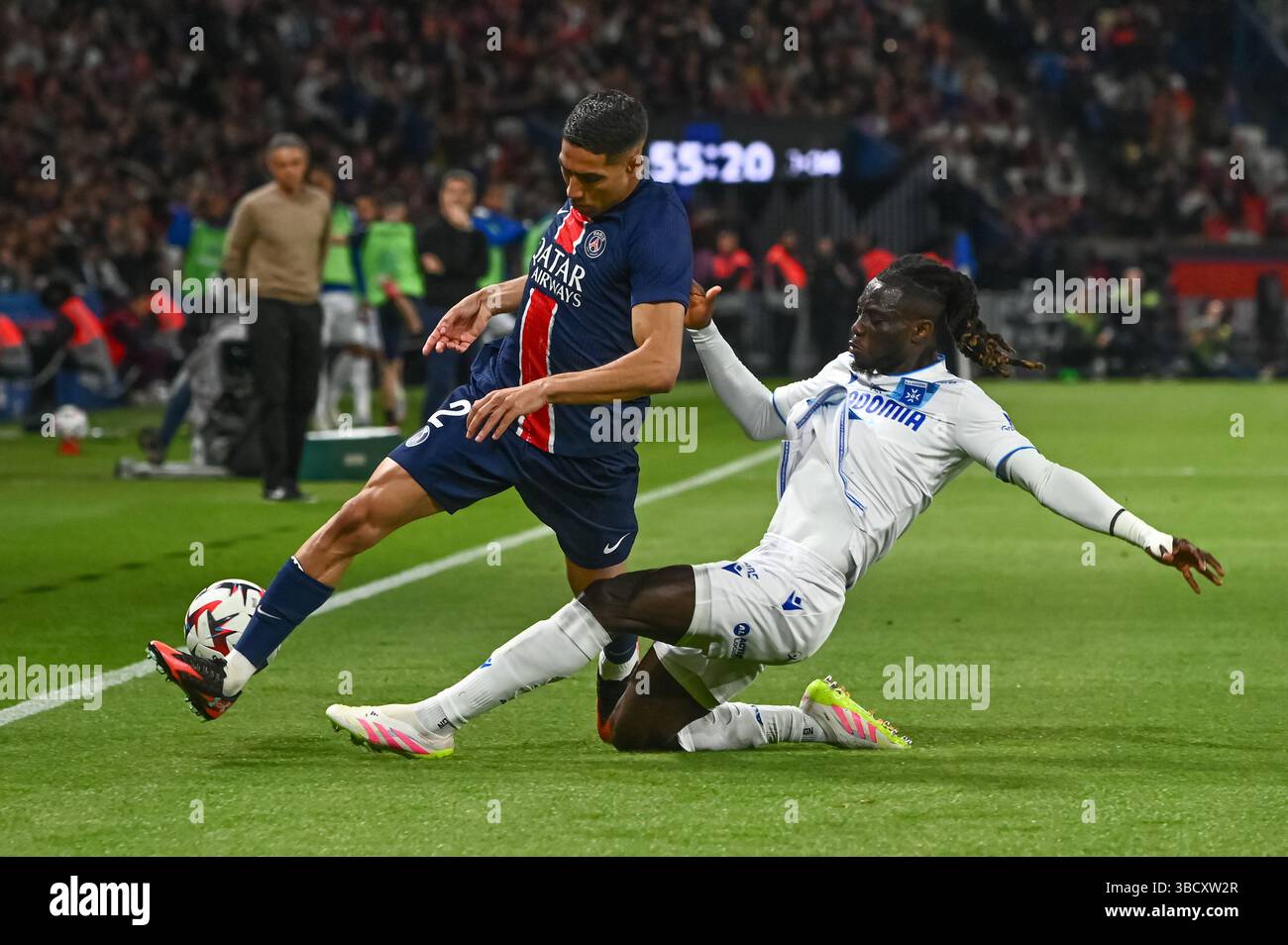 Paris, France. 17th May, 2025. Achraf Hakimi (D) during the Ligue 1 ...