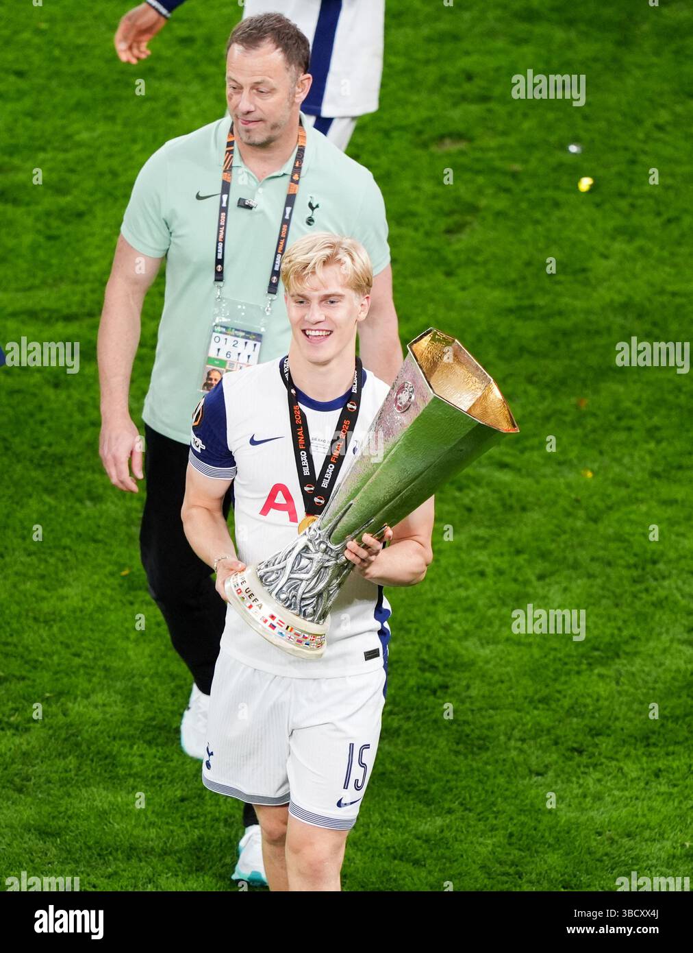 Tottenham Hotspur's Lucas Bergvall with the trophy following the UEFA ...
