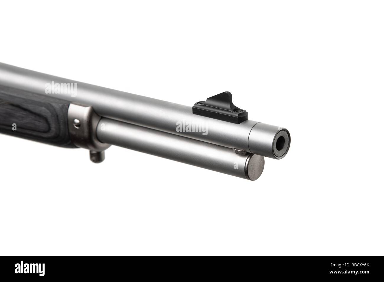 Close-up of rifle muzzle with front sight and stainless barrel, lever ...