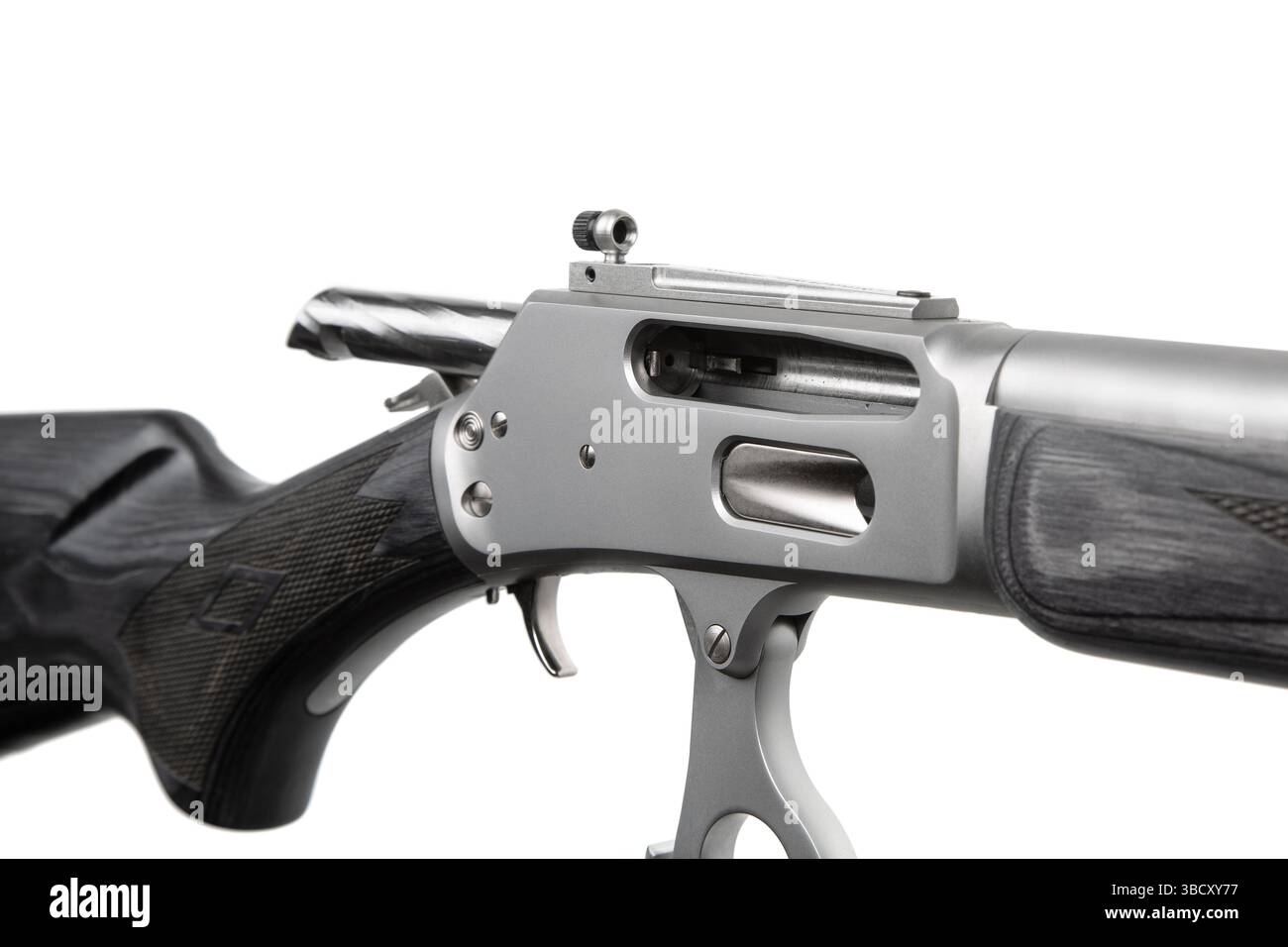 Close-up view of stainless lever-action rifle receiver and bolt Stock ...