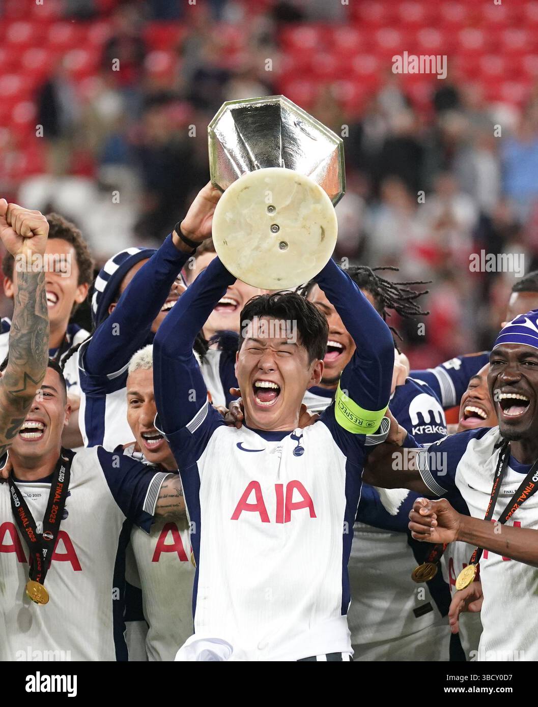 Tottenham Hotspur's Son Heung-Min with the trophy following the UEFA ...