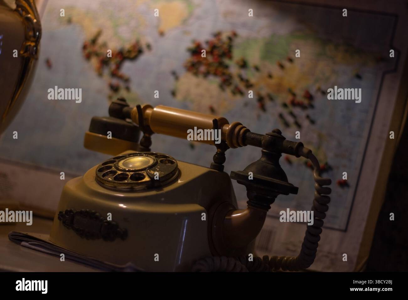 Close-up of a vintage rotary telephone with an antique design, set ...