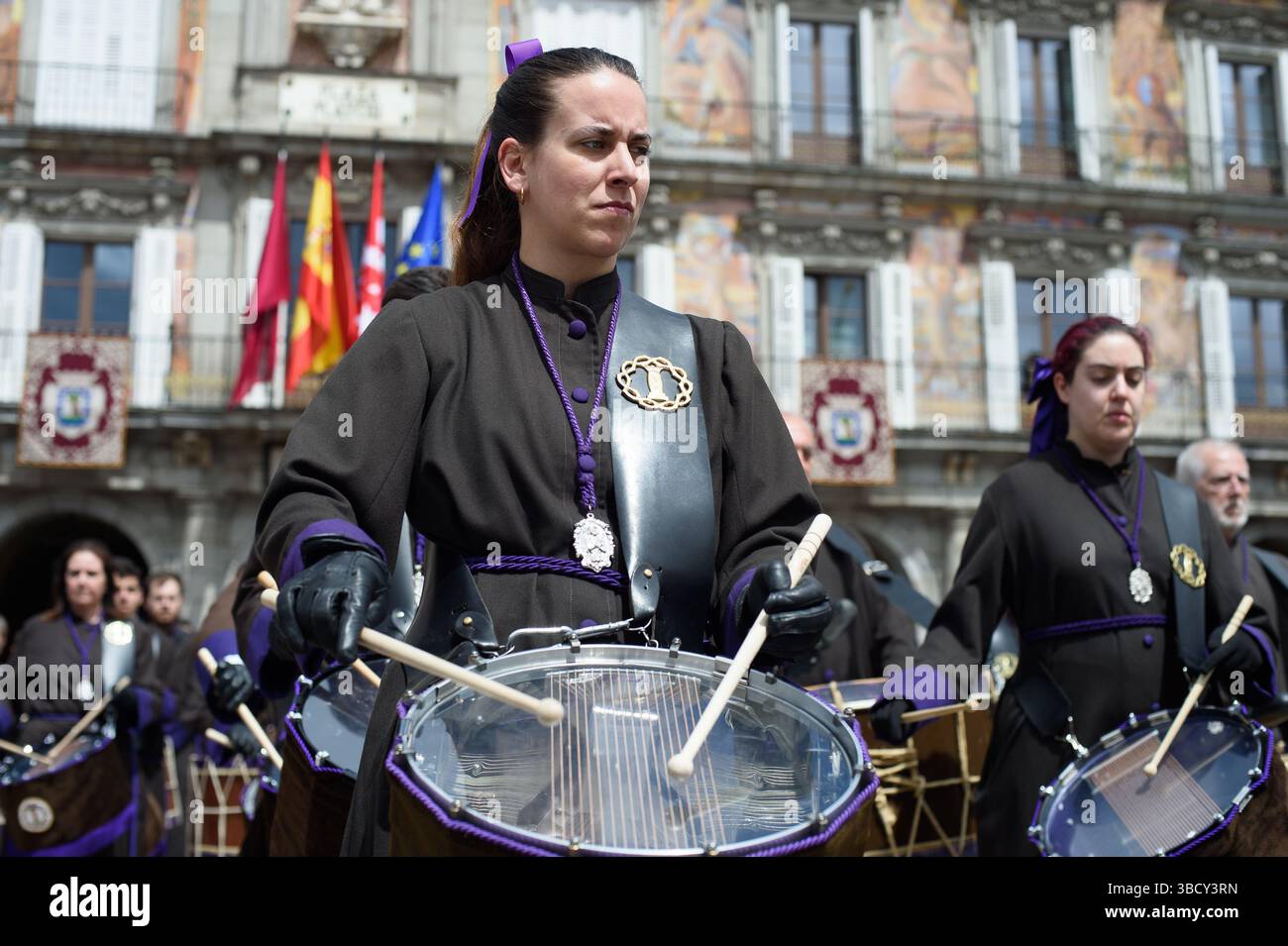 People before the procession of Tamborrada at the Plaza Mayor madrid on ...